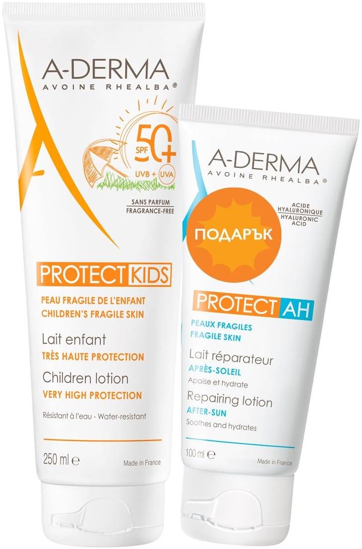 A-DERMA PROTECT КОМПЛЕКТ KIDS SPF50+ слънцезащитно мляко за деца за лице и тяло 250 мл + PROTECT ...